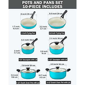 Cook N Home 10-Piece Ceramic Nonstick Cookware Set - Pots, Pans, Dutch Oven, Saucepans, Frying Pans and Lids - Turquoise