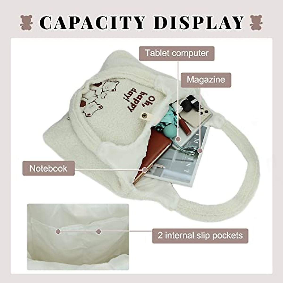 Freie Liebe Cute Bags for Women Tote Bag Aesthetic Girls Fluffy Teddy Bear Purse Plush Shoulder Hobo Handbags