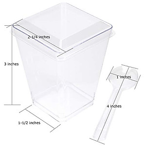 Tosnail 50 Pack 5 Oz Tall Square Clear Plastic Dessert Tumbler Cups with 50 Pieces Plastic Lids and 50 Pieces Plastic Tasting Spoons - Clear