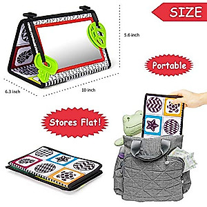 teytoy Tummy Time Baby Mirror Toys with Teethers, Double Black and White Tummy Time Toy High Contrast Baby Toys 0-6 Months, Foldable Baby Floor Mirror Sensory Development Toys for Infants Newborn