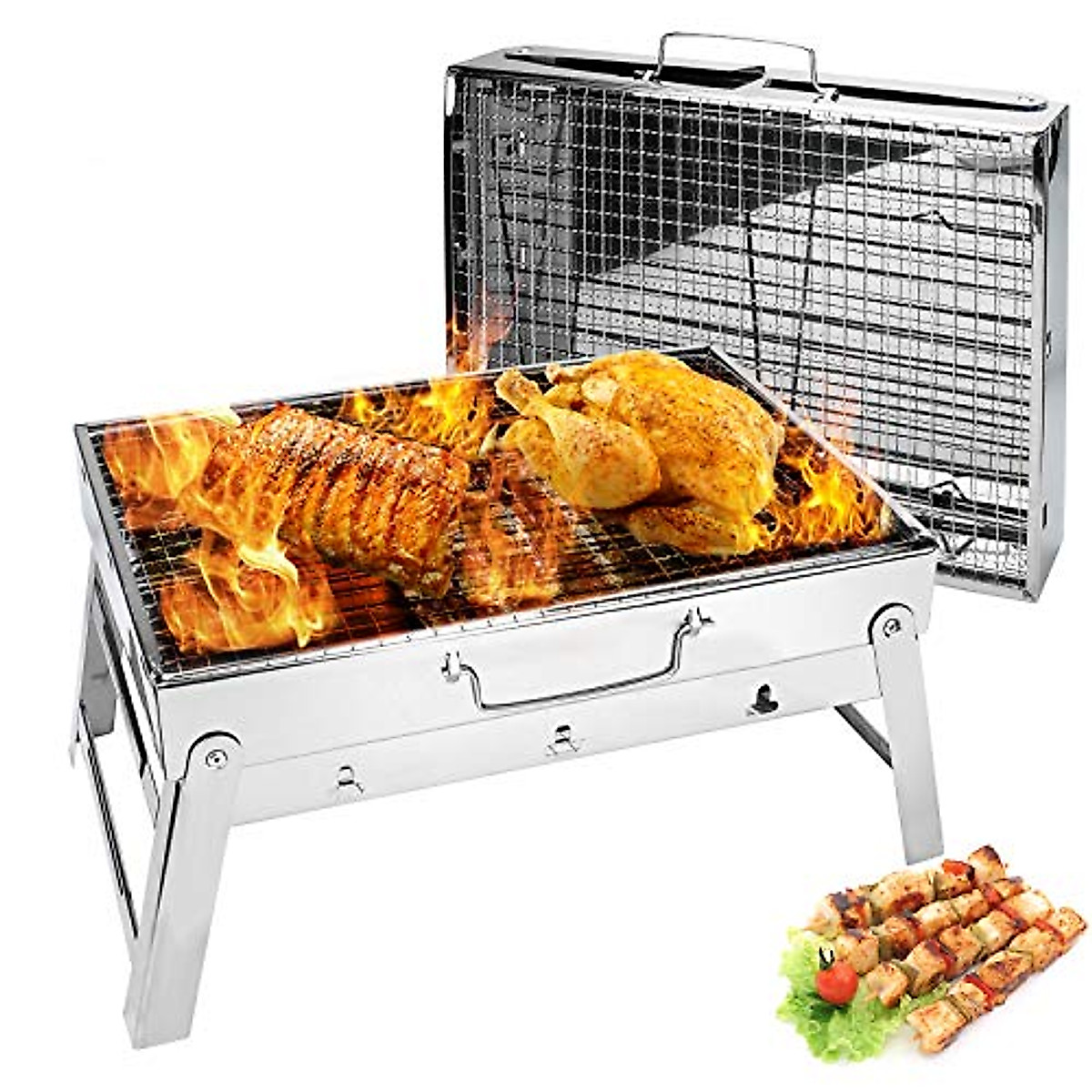 Newluck Folding Charcoal Barbecue Grill Set, Portable Folded Hibachi Grill Stainless Steel Yakitori Grill, BBQ Tool Kits for Outdoor Patio Picnics Beach Camping Cooking Traveling, 16.8 X 11.3 X 9.2''