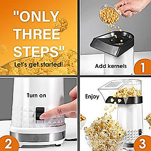 Popcorn Maker, Hot Air Popcorn Popper, 1200W Electric Popcorn Machine with Measuring Cup, No Oil Healthy Snack, Perfect for Home, Party and Family (White)