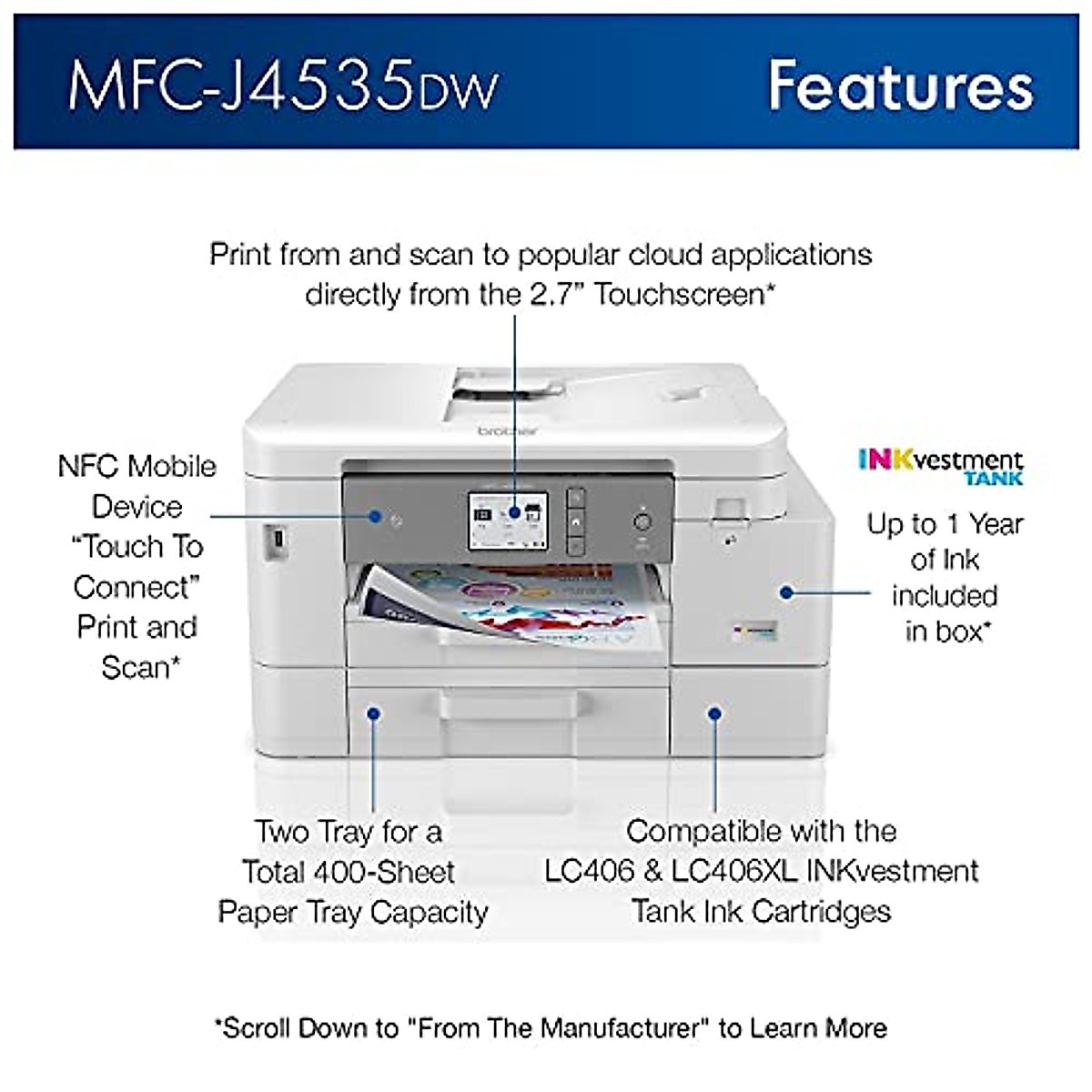 Brother INKvestment Tank MFC-J4535DW Wireless Color All-in-One Inkjet Printer - Print Copy Scan Fax - 2.7" Touchscreen, 20 ppm, 4800 x 1200 dpi, 8.5" x 14", Auto Duplex Print, 20-Sheet ADF