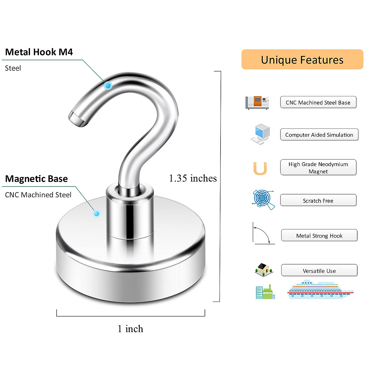 Neosmuk Magnetic Hooks,Heavy Duty Earth Magnets with Hook for Refrigerator, Extra Strong Cruise Hook for Hanging, Magnetic Hanger for Curtain, Grill(Silver, 6 Pack)