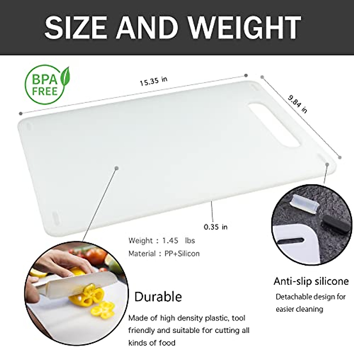 Palaxe Plastic Cutting Boards pro Non-slip with Silicon Feet, Dishwasher Safe Chopping Boards, Grip Handle, Rubber, Easy to Clean for Kitchen, family, Outdoors (White B)