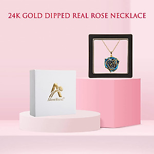 AliveRose Rose Pendant Necklaces Gifts for Women, 24K Gold Dipped Real Rose Dangle Necklace Jewelry - Ideal Gift for Her Wife Mom Anniversaries, Valentines (Blue)