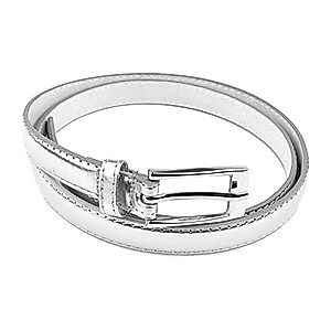 Belle Donne Women Skinny PU Leather, Dress, Silver Belts, Womens Belt with Silver Polished Buckle, Silver Medium