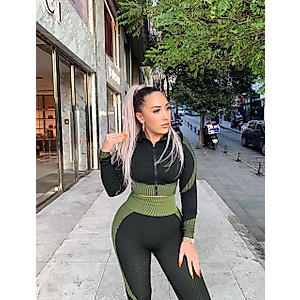 JOYMODE Women's Workout Sets 2 Piece Seamless Textured High Waist Legging Crop Top Gym, 2 Piece-green, Large