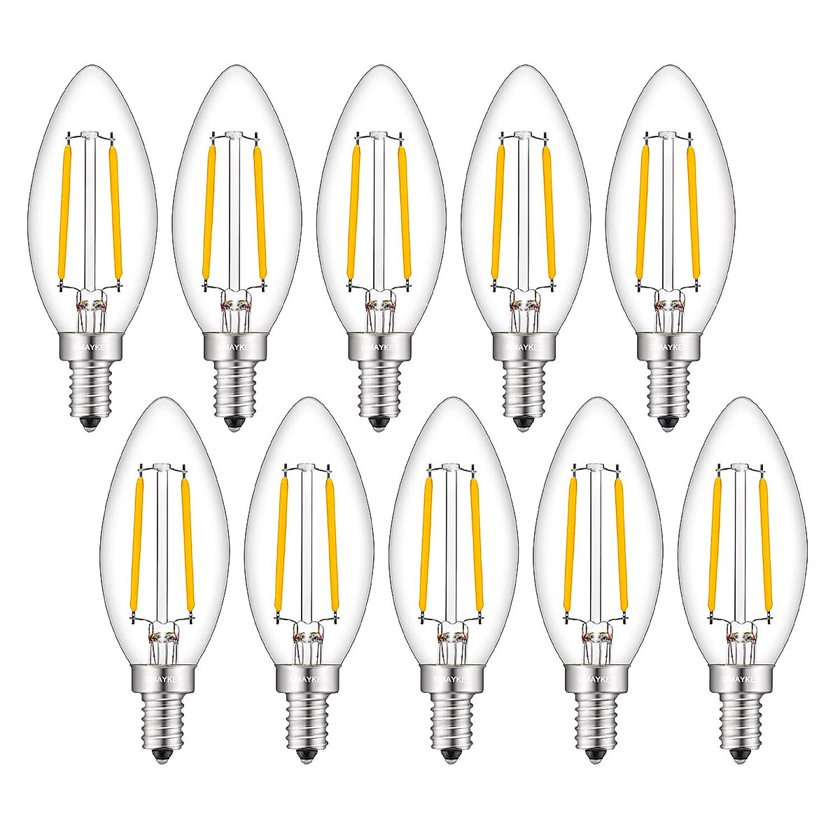 OMAYKEY 2W LED Candelabra Bulb 25W Equivalent 3000K Soft White 250LM, E12 Base LED Chandelier Light Bulbs, Vintage Edison Clear Glass B11 Candle Torpedo Shape, Non-dimmable, Pack of 10