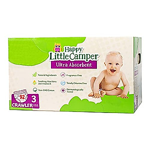 Happy Little Camper Ultra-Absorbent Hypoallergenic Natural Disposable Baby Diapers, Chlorine-Free Protection for Sensitive Skin, Crawler, Size 3, 92 Count