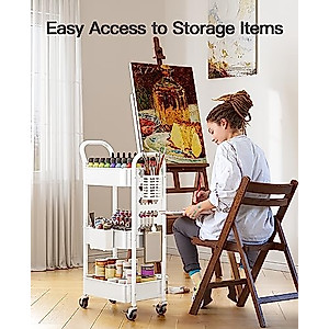 Pipishell 3-Tier Rolling Cart, Metal Utility Cart with Pegboard, Lockable Wheels & U-Shaped Handle, Storage Cart with 2 Hanging Cups & 4 Hooks for Living Room, Bedroom, Kitchen, Office (White)