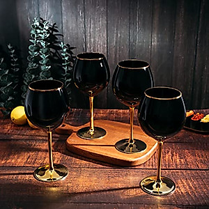 The Wine Savant Set of 4 Black Wine Glasses Gold Stemmed 14 oz Gold Rim Wine Glasses, Black Colored Wine Glasses Luxury Wine Glassware Wine Tasting, Wedding Gift, Anniversary, Birthday