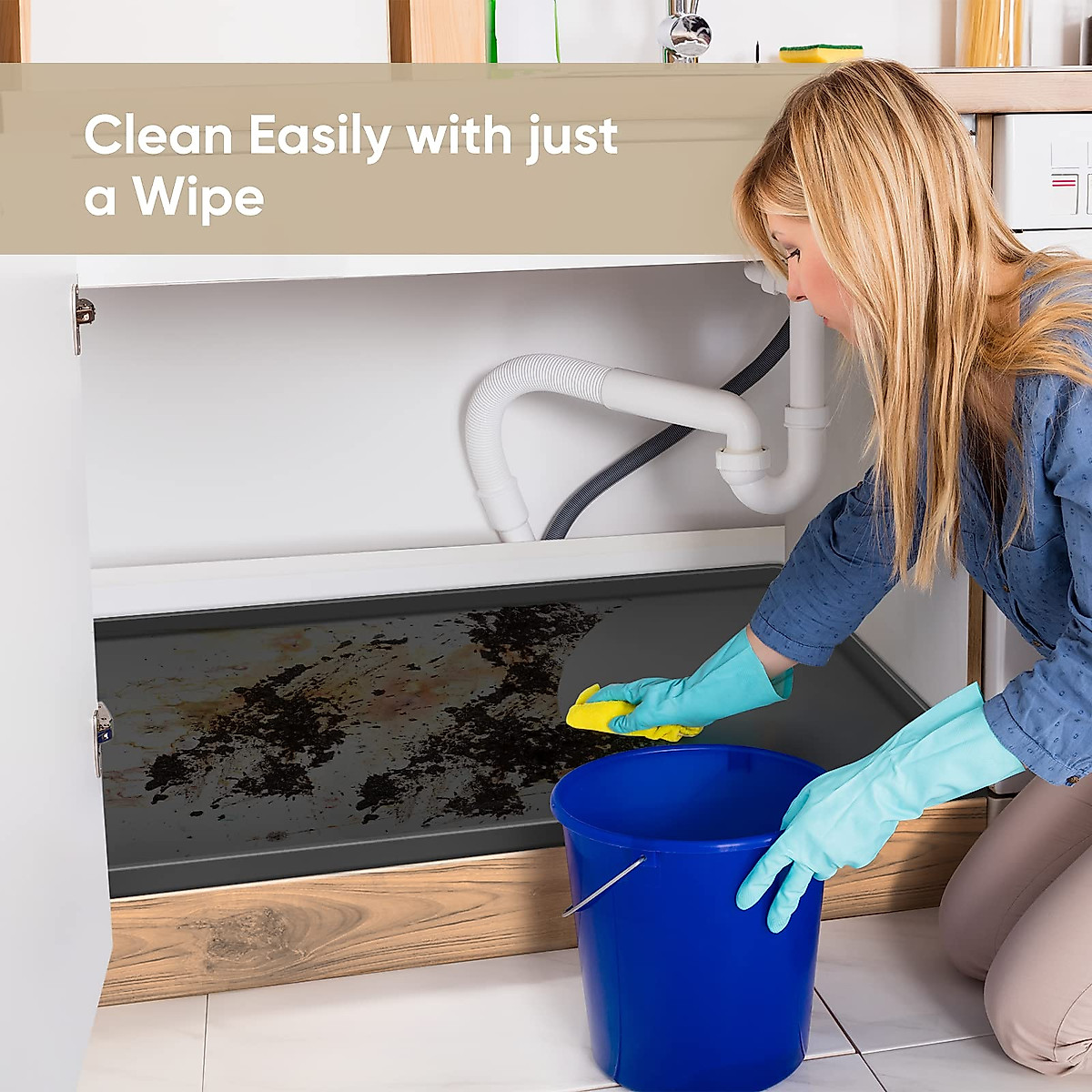 Under Sink Mat for Kitchen Waterproof, 34”×22” Silicone Under Sink Liner for 36" Cabinet, Flexible Thick Cabinet Protection Mat, Drips Leaks Spills Protector, Cabinet Liner for Kitchen Bathroom