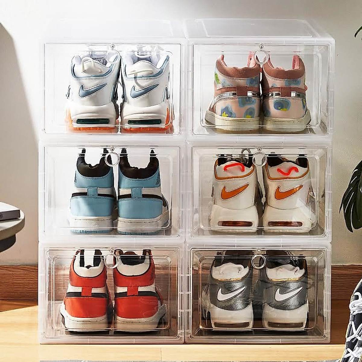 ANIMEWRLDS 6-Pack Clear Shoe Box Containers with Air Ventilation & Magnetic Door | Stackable, Durable, Transparent Storage for Sneakers, Heels, Boots, Bags & Fits up to Maximum Size of US12 (White)