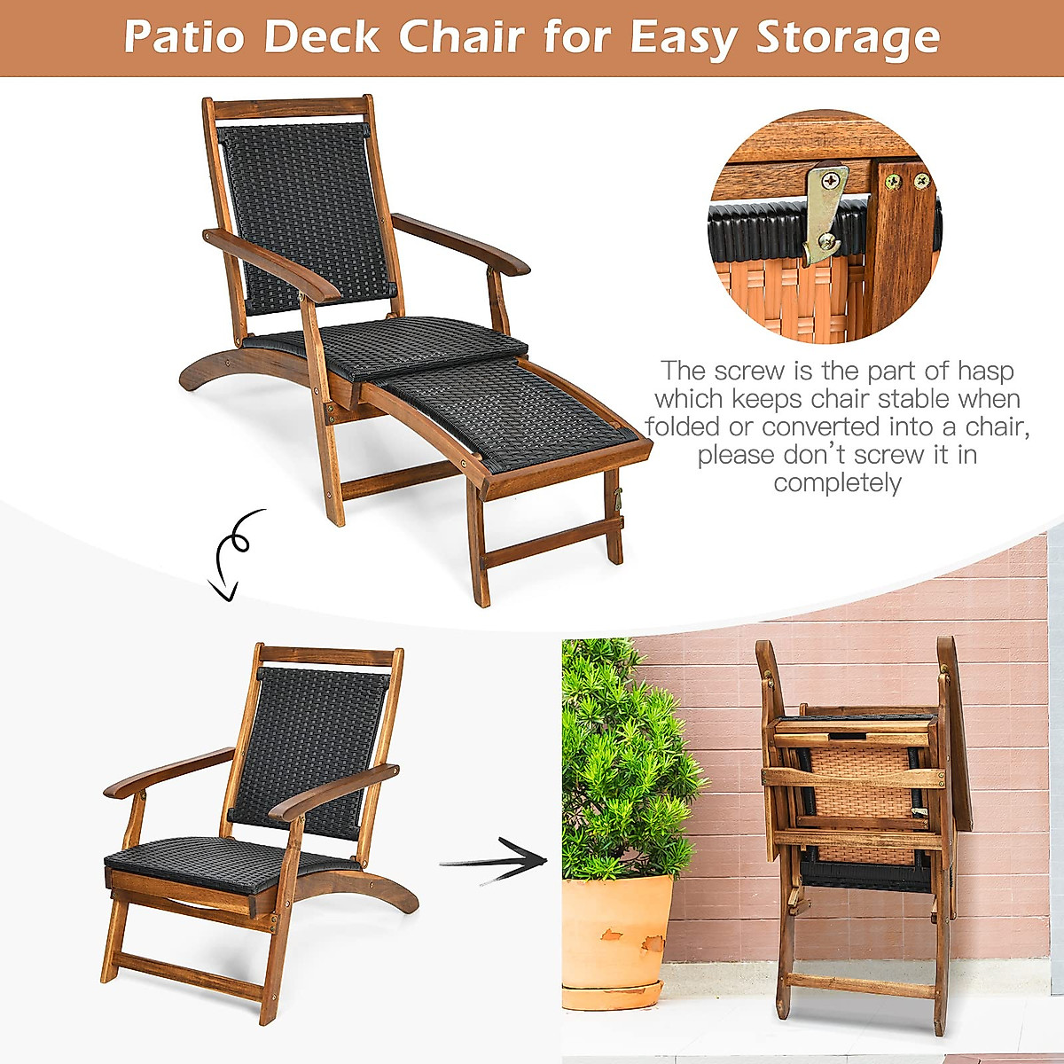 HAPPYGRILL Patio Lounge Chair Set of 3, Outdoor Acacia Wood Rattan Wicker Chaise Lounge w/Side Table, Deck Chair w/Armrest & Retractable Ottoman, for Backyard, Poolside