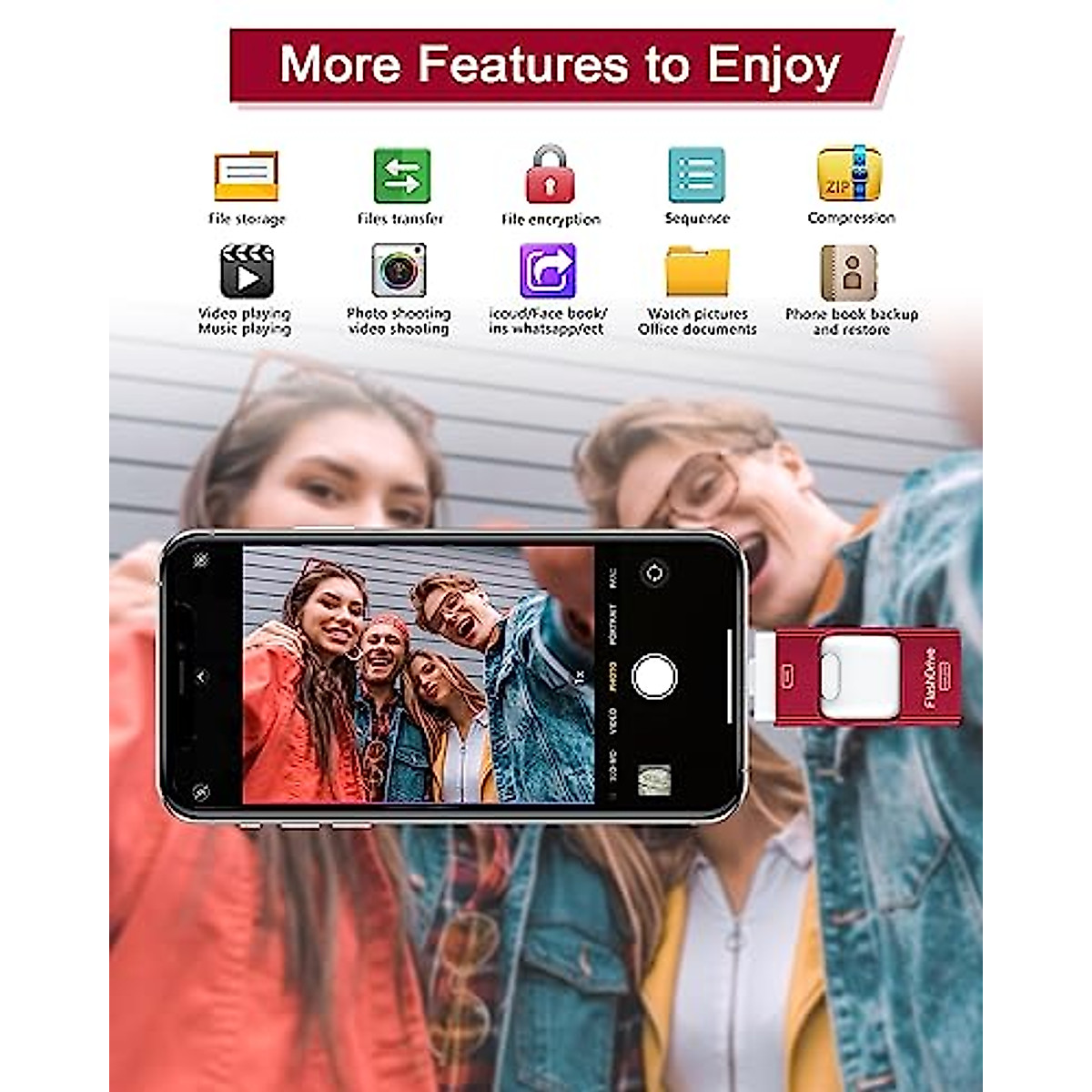 Sunany Flash Drive 128GB, USB Memory Stick External Storage Thumb Drive Compatible for Phone, Pad, Android, PC and More Devices (Red)