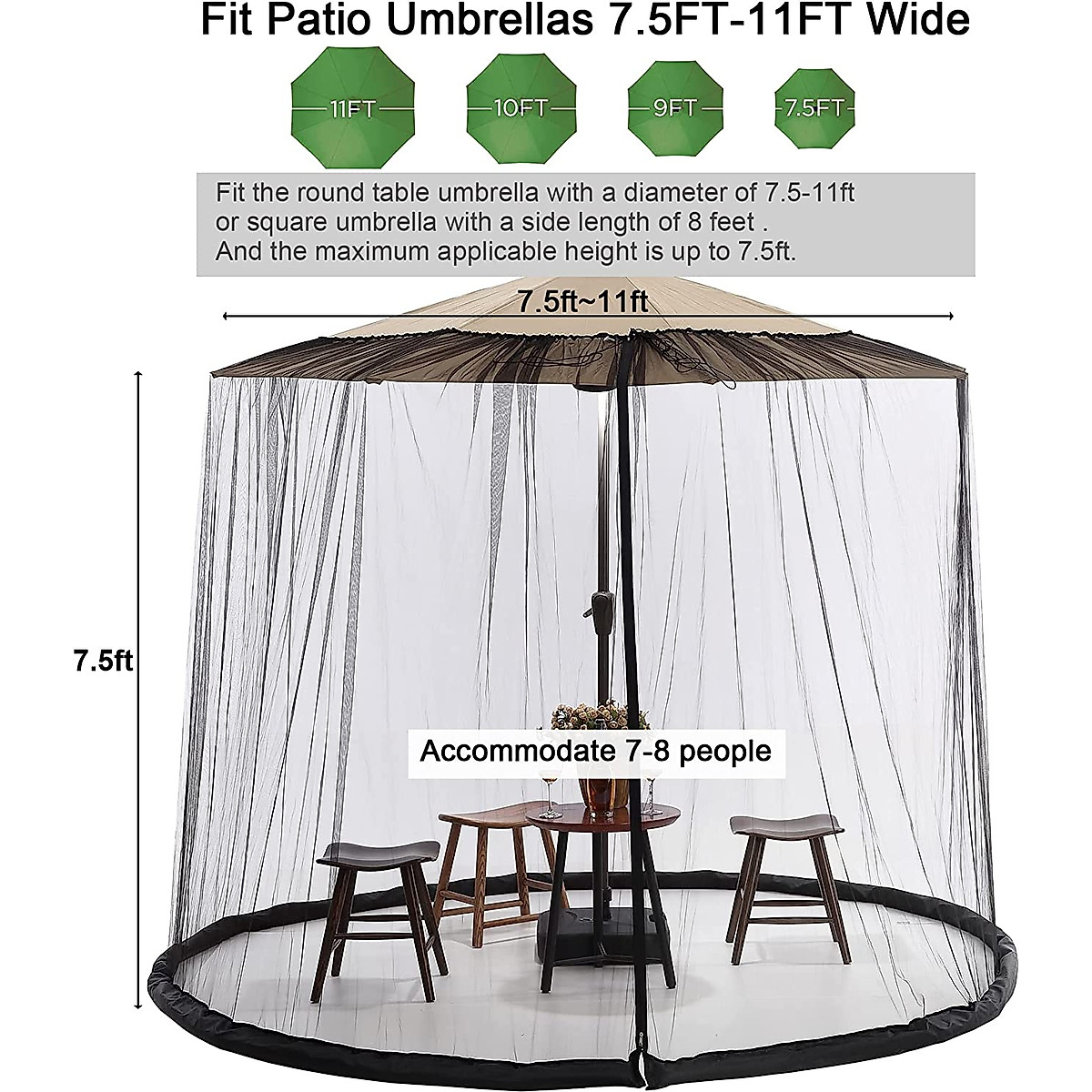 7.5-11 FT Patio Umbrella Mosquito Net, Polyester Mesh Umbrella Screen, Universal Canopy Umbrella Mosquito Netting with Zipper Door and Adjustable Rope, Fit Outdoor Umbrellas and Patio Tables
