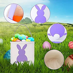 2Pcs Easter Baskets Easter Eggs Bags Bunny Canvas Bags for Kids, Rabbit Fluffy Tails Party Celebrate Decoration Gifts Bags for Easter Bunny Bag to Carry Eggs Candy and Gifts (Green&Purple)