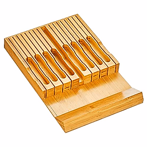 mDesign Bamboo In-Drawer Knife Organizer Holder Storage Block for Kitchen; 16-Slot Cutlery Dock Insert Holds 8 Small Knives, 8 Large Knives and Sharpener - Home Sort Collection - Natural