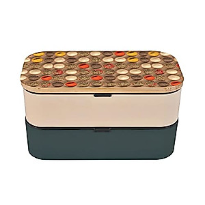 Various Seasonings Print Pattern Premium Bento Lunch Box, 2 Compartments Leakproof Lunch Box With Cutlery For Adults, Microwave & Dishwasher Safe
