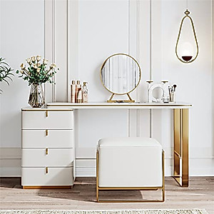 i-POOK Modern Makeup Vanity Set, Wood White Dressing Table Set with Side Cabinet, 15.75" Round Mirror and PU Leather Stool for Girls Bedroom, Gift for Wife, Daughter, Mother, 47.24" x 29.53" x 17.72"
