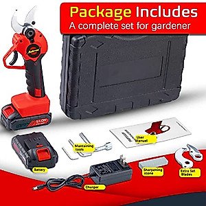 Rokrou Electric Pruning Shears For Gardening Cordless Tree Pruner 1.57" (40mm) Cutting Diameter With 2 Pack 21V Rechargeable Battery & Replacement Blade Set Red