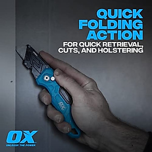 OX Tools Pro Heavy Duty Fixed Blade Folding Knife w/Easy Change Blade Button - Quick Fold Action & Strong Lightweight Construction | Includes 3 Replacement Blades