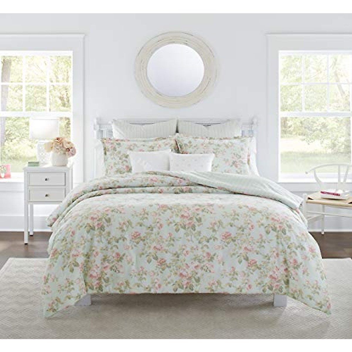 Laura Ashley Home - Queen Comforter Set, Reversible Cotton Bedding, Includes Matching Shams with Bonus Euro Shams & Throw Pillows (Madelynn Pastel Blue, Queen)