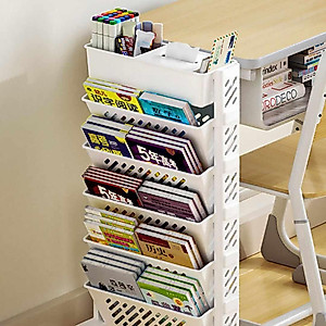 Multifunctional Storage for Books, White Rotating Shelf with 6 Levels, Plastic Bookcase on Wheels!