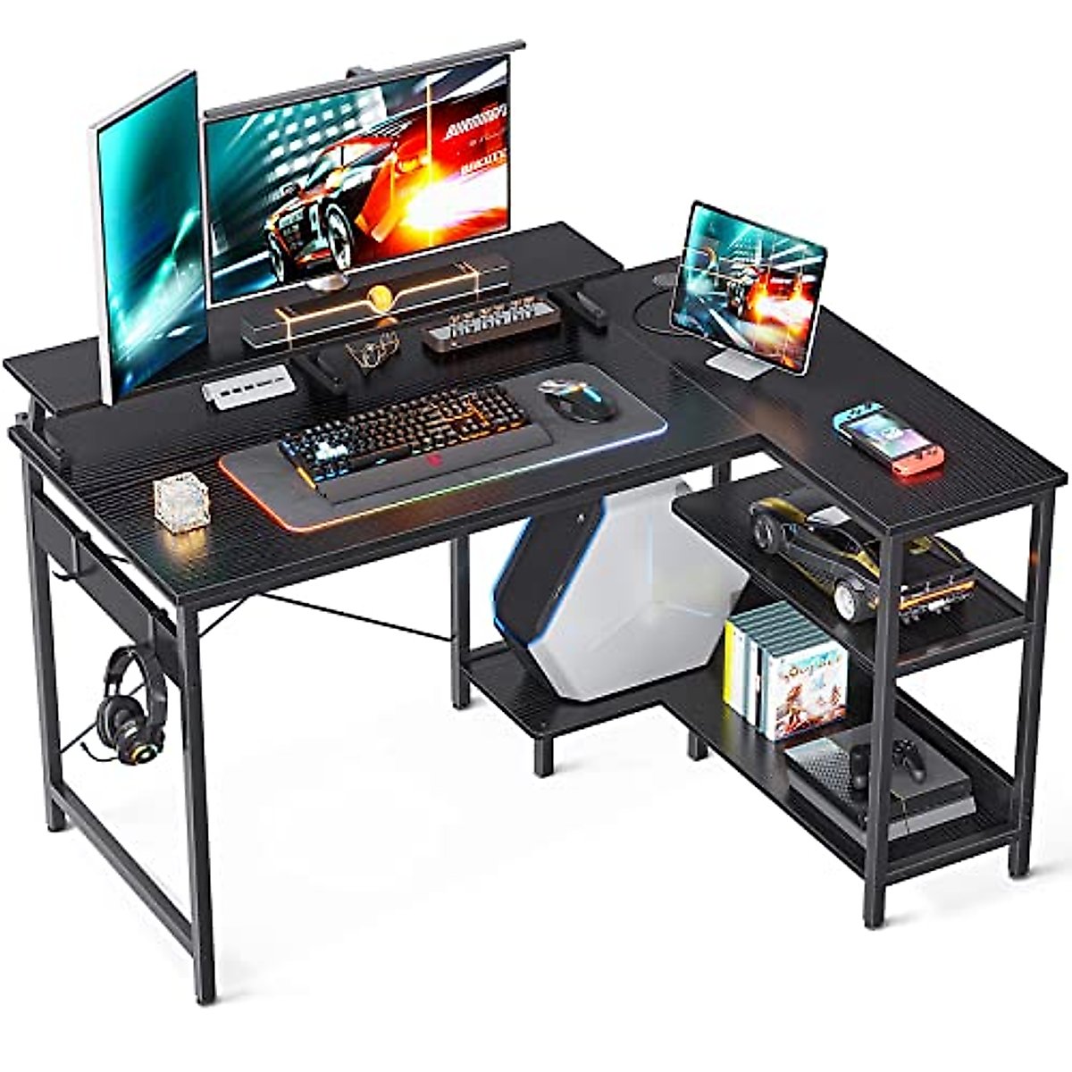 ODK Small L Shaped Desk, 48 inch Corner Desk with Reversible Storage Shelves, Computer Desk with Monitor Shelf and PC Stand for Home Office, Gaming Desk with Headphone Hooks, Black