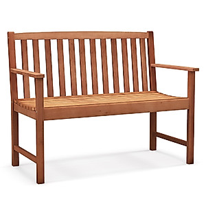 Giantex Outdoor Bench, Wood Patio Bench with Cozy Armrests & Backrest, Slatted Sitting Area, Eucalyptus Wood Frame, 2-Person Loveseat for Park, Porch, Yard, 800 lbs Max Load, Garden Bench (Eucalyptus)