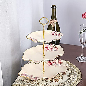 fanquare 3-Tier Floral Royal Cupcake Stand, Vintage Fruit Plate with Gold Trim, Dessert Stand for Birthday, Wedding, Tea Party