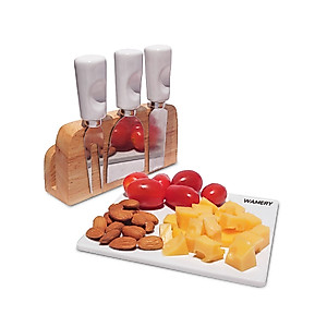 Wamery Cheese Knife Set - 3 Stainless Steel Cheese Knife Set for Charcuterie Board and Small Ceramic Cheese Cutting Board with Magnetic Wooden Holder Portable for Pairing with Wine Meat Fruit