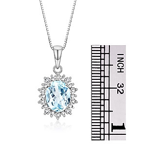Rylos Sterling Silver Princess Diana Inspired Necklace: 9X7MM Aquamarine & Sparkling Diamonds - 18" Chain Exquisite Birthstone Jewelry