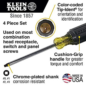 Klein Tools 85664 Screwdriver Set, Square Recess with Color Coded Handles and Heat Treated, Chrome Plated Shafts, 4-Piece