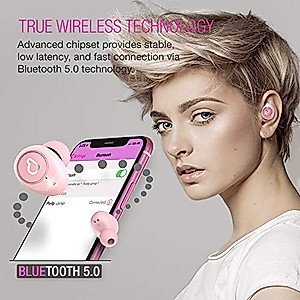 Purity True Wireless Earbuds with Immersive Sound, Bluetooth 5.0 Earphones in-Ear with Charging Case Stereo Calls/Built-in Microphones/IPX5 Sweatproof/Pumping Bass for Sports, Workout, Gym - Pink