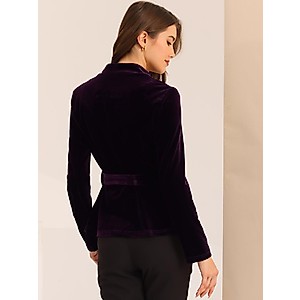 Allegra K Women's Work Office Velvet Belted Lapel Collar Blazer Jacket Medium Purple