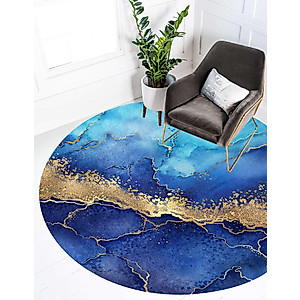 Turquoise Gold Marble Abstract Modern Round Area Rug for Livingroom Bedroom Ultra Soft Wool Circle Carpet Under Dining Table Office Circular Floor Rug 6ft