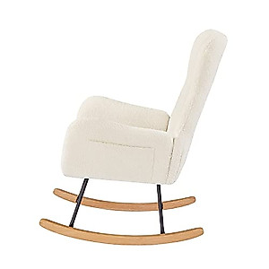 Recaceik Rocking Chair, Modern Teddy Fabric Rocker Glider Chair with High Backrest and Armrest, Comfy Side Chair Bedroom Living Room Chair Armchair, 2 Handy Pockets, Metal Frame, Wood Leg(Beige)
