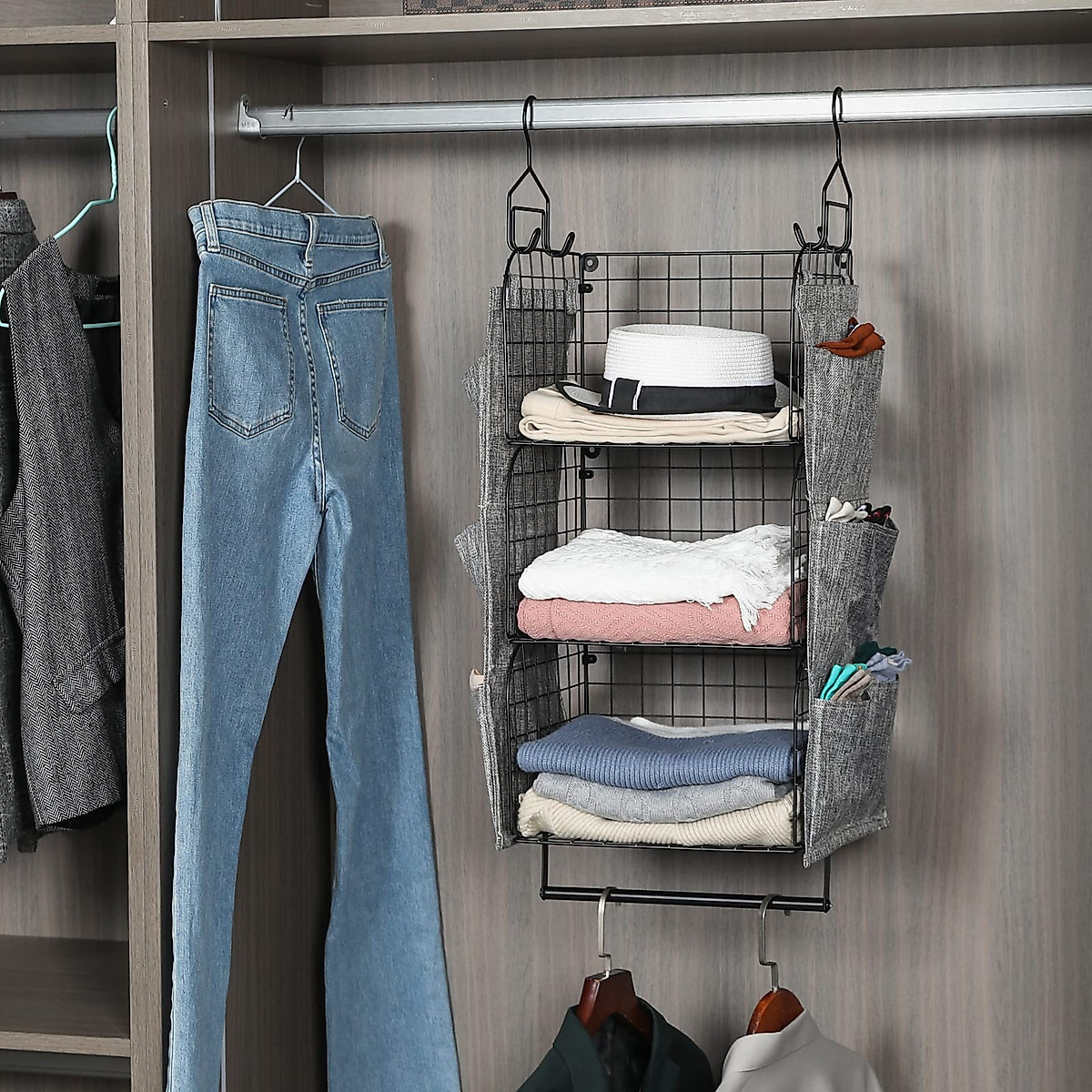 3 Tier Hanging Shelves Wall Mount Metal Wire Basket with 9 Canvas Pockets &Removable Hooks,Foldable 3-Shelf Clothing Closet Storage Organizer for Bedroom Baby Nursery Cloth Sweaters Handbags Cap Black