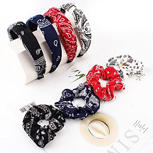 TOBATOBA 8 Pack Vintage Boho Paisley Bandanas for Women - Wide Knotted Turban Headbands with Elastic Top Knot, No Slip (4set black red blue white)