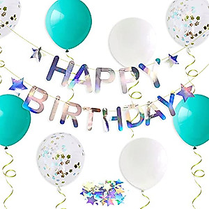 Iridescent Birthday Party Decoration Kit Holographic Hanging Happy Birthday Banners Sign Garlands with 0-9 Number with Teal Balloons Confetti for Girl Boy Kids Men Women Iridescent Birthday Supplies