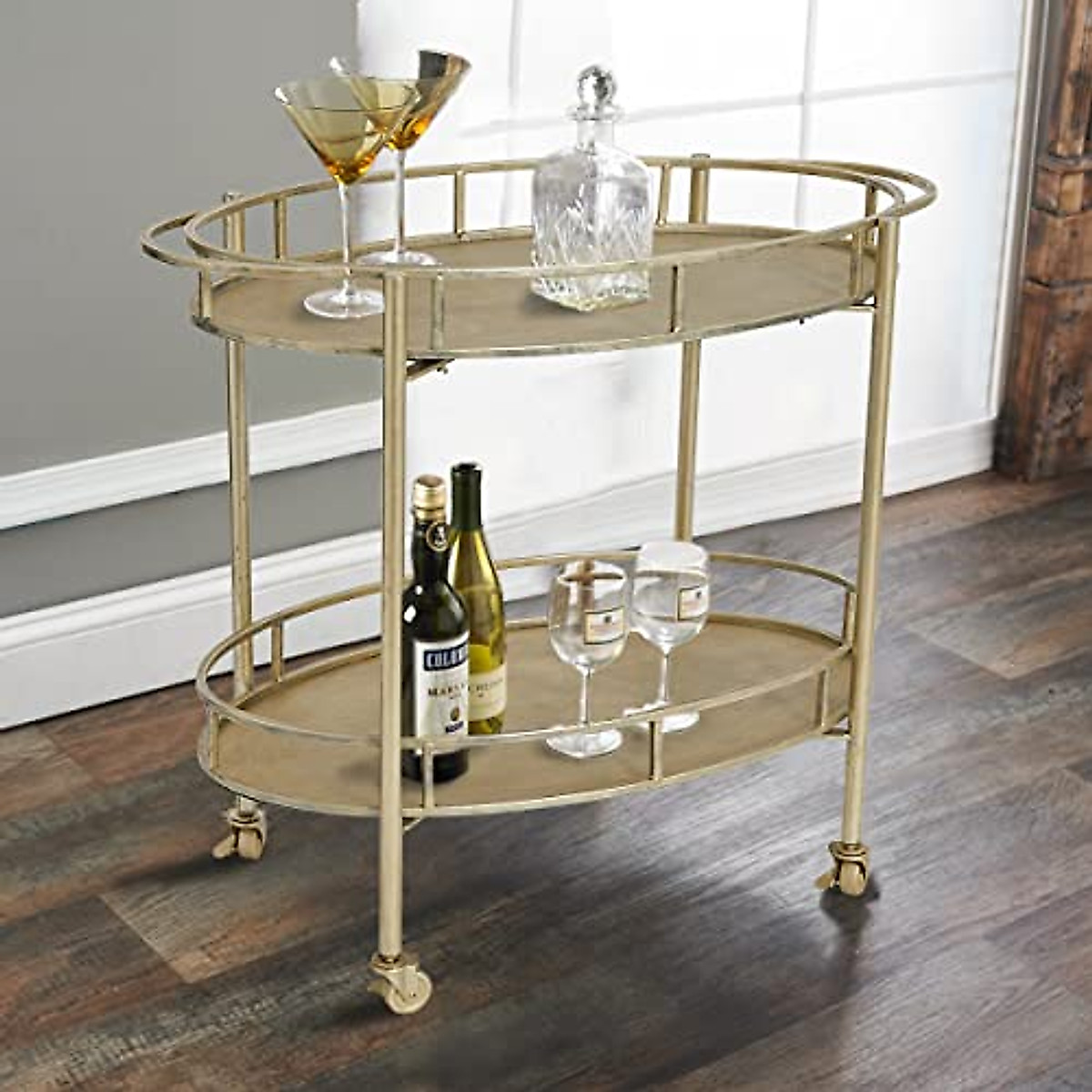 Creative Co-Op Art Deco Oval 2-Tier Bar Cart with Wheels, Antique Silver Finish