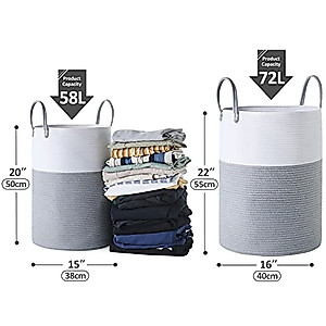 Cotton Rope Laundry Hamper by YOUDENOVA, 58L - Woven Collapsible Laundry Basket - Clothes Storage Basket for Blankets, Laundry Room Organizing, Bedroom Storage, Clothes Hamper – Grey & White