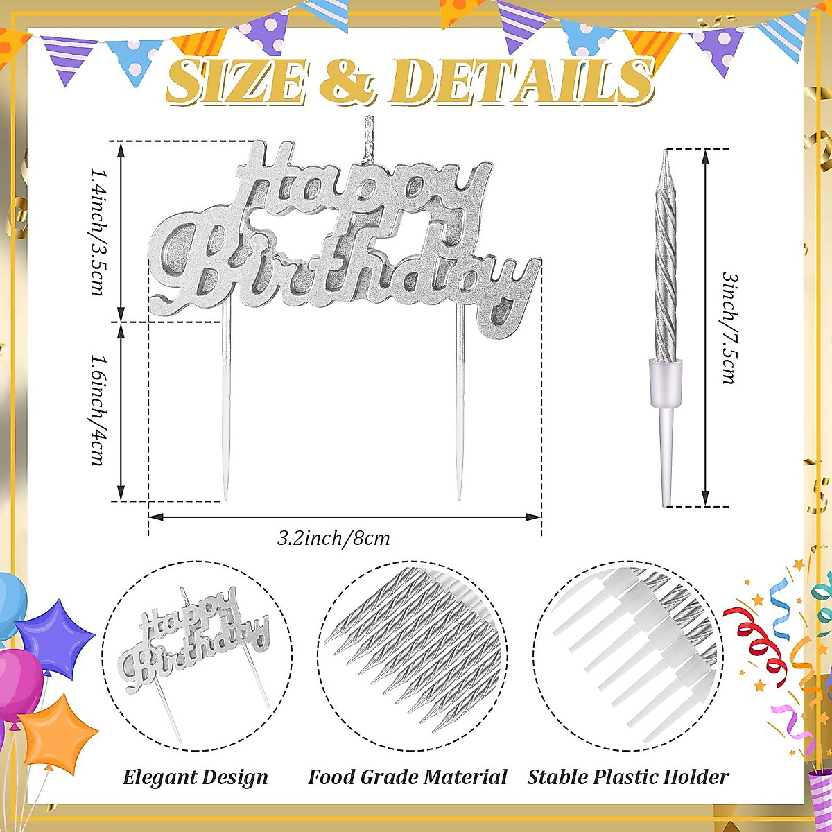MTLEE Happy Birthday Candles for Cake Birthday Candle Topper with 10 Pcs 2.95 Inch Candles Short Thin Spiral Candles for Cake Topper Birthday Decoration Party Supplies (Silver)