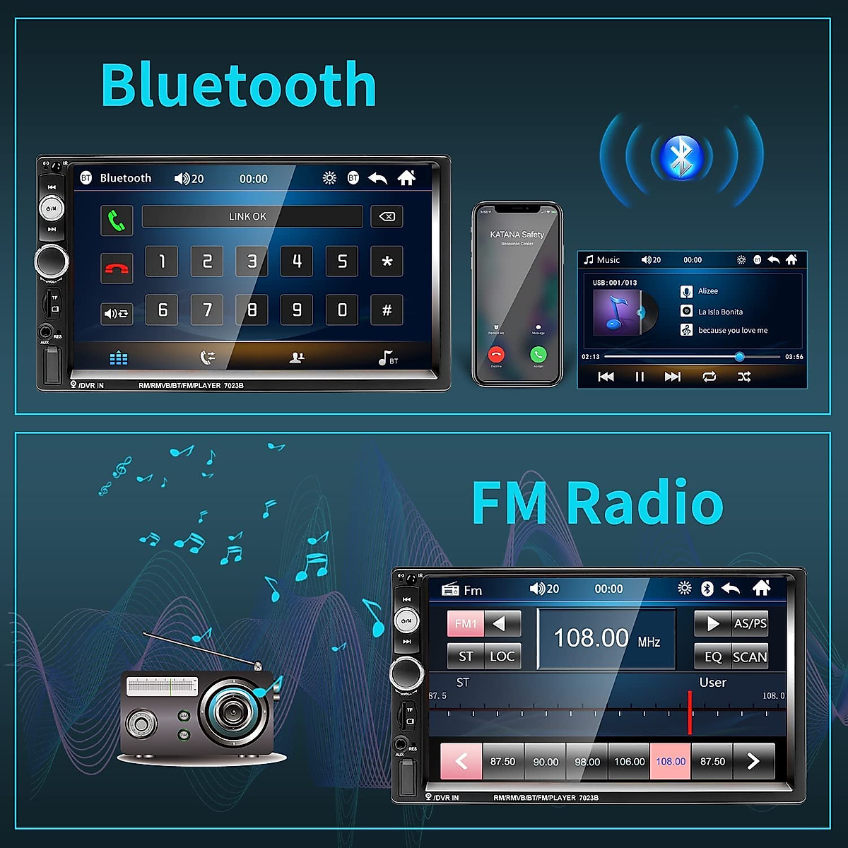 Hikity 7 Inch Double Din Car Stereo Touch Screen Car Radio with Bluetooth Backup Camera, FM Car Audio Receivers, Support Mirror Link for Android iOS Phone USB AUX-in TF Card