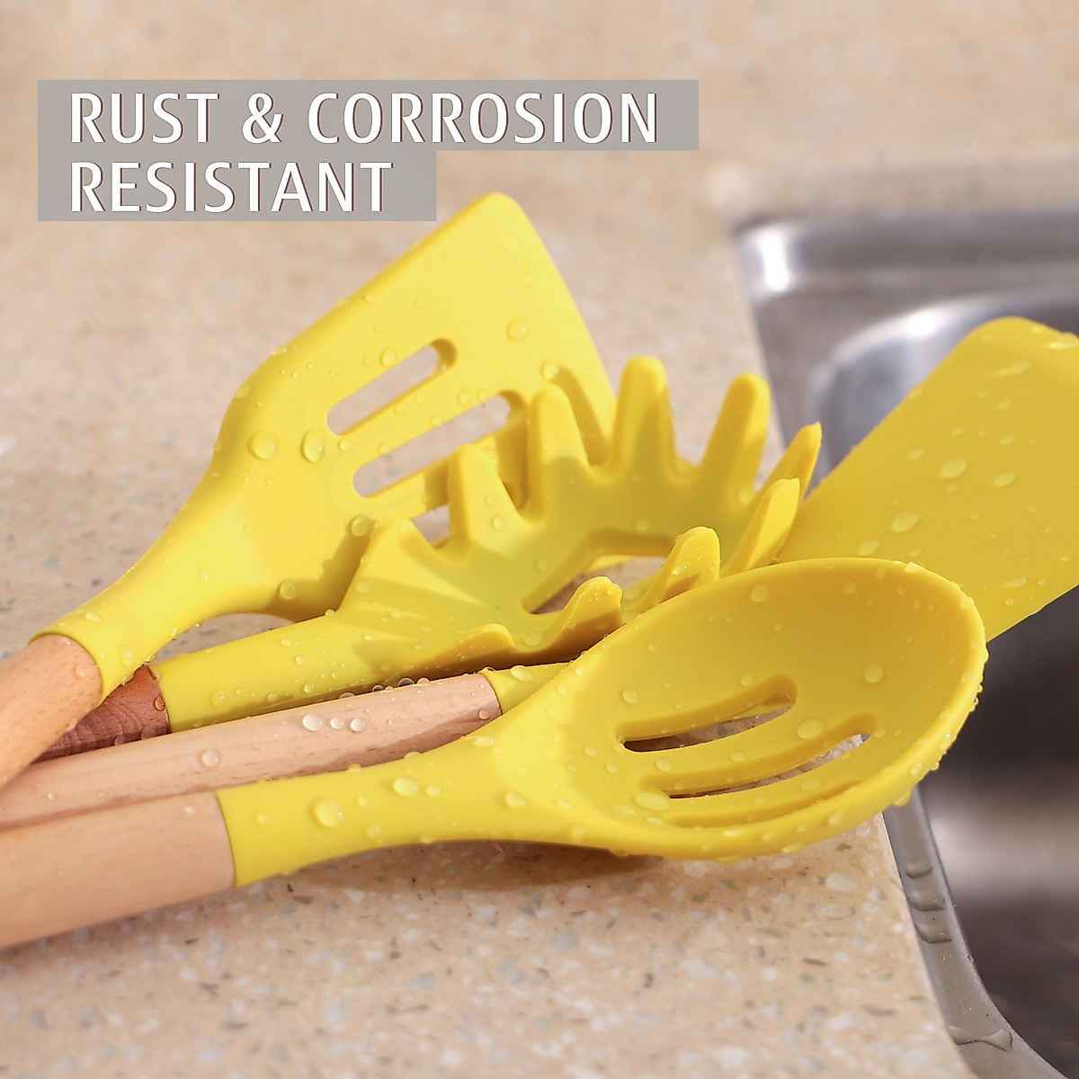 hecef Kitchen Utensils Set, 32 PCS Silicone Cooking Utensils Set with Stainless Steel Holder, 446°F Heat Resistant Food Grade Kitchen Gadgets Tools Set Wooden Handle for Nonstick Cookware (Yellow)