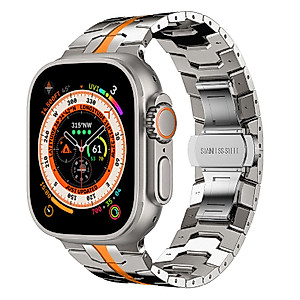 CHANCHY Stainless Steel Band for Apple Watch Ultra 2 Band 49mm 46mm 45mm 44mm, Metal Strap with Folding Clasp for Apple Watch Series 10 9 8 7 6 5 4 3 2 1 Ultra Ultra 2 for Men (49mm, Titanium/Orange)