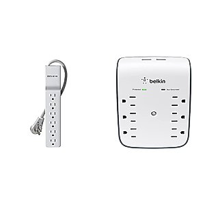 Belkin 6-Outlet Slimline Power Strip Surge Protector, 6ft Cord and Rotating Plug, 720 Joules, White & Belkin 6-Outlet USB Surge Protector, Wall Mount - Ideal for Mobile Devices