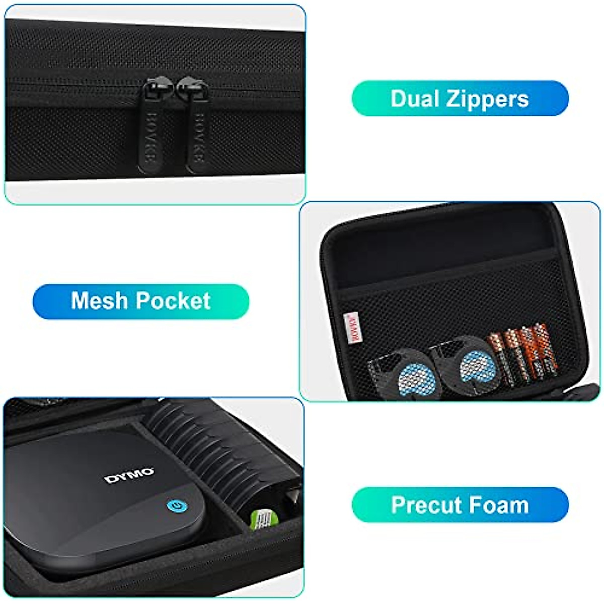 BOVKE Travel Case for DYMO LetraTag 200B Bluetooth Label Maker, DYMO LetraTag Wireless Compact Label Printer Holder with Extra Space for Letratag Refills Label Tapes and Spare Batteries, Black